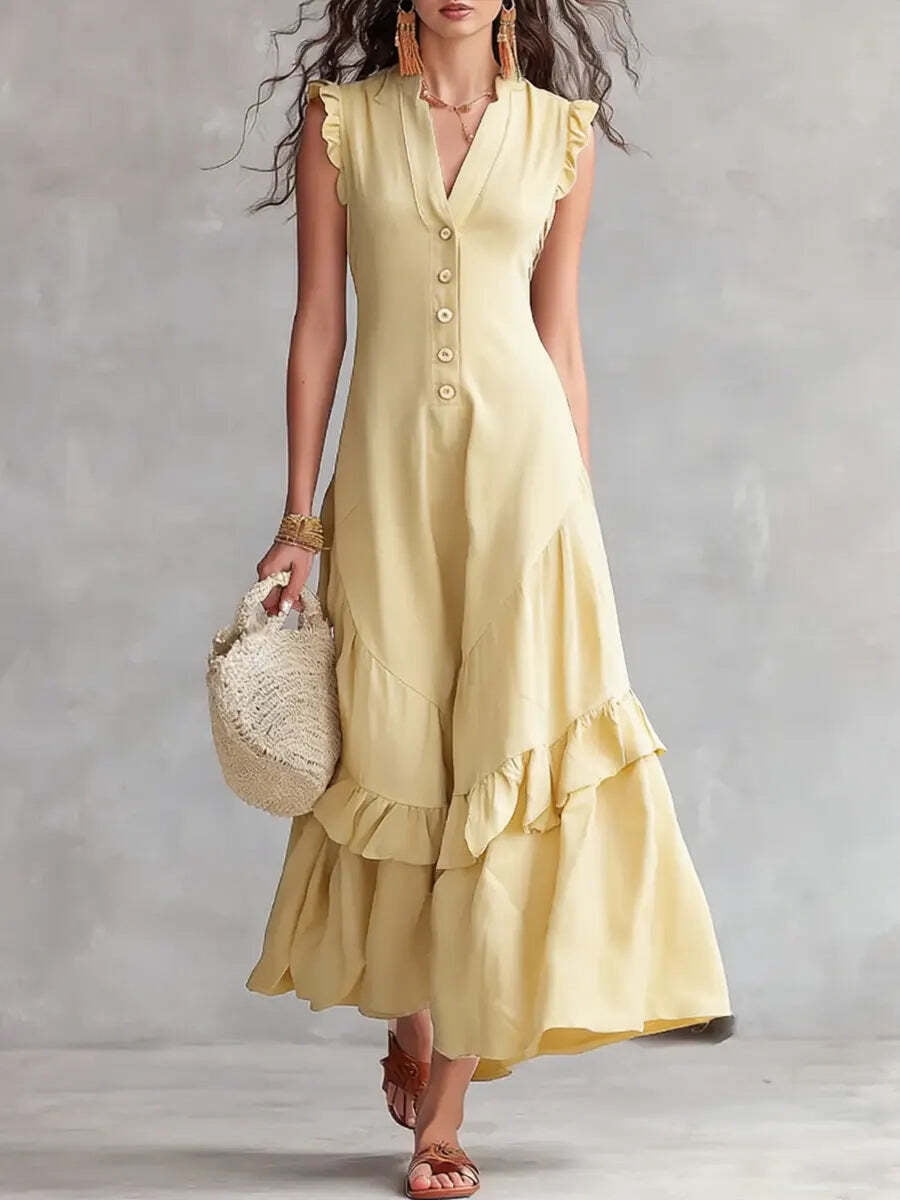 2026 New Women's Olive Green Ruffled Sleeveless Maxi Dress, Button V ...