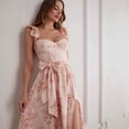 2026 New Women's Pink Floral Bow Strap Corset Midi Dress Sweetheart ...