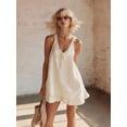 2026 New Women's Pink Ruffled Linen-Blend Slip Dress, Casual V-Neck Tie ...
