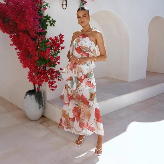 2026 New Women's Red Floral Print Halter Neck Ruffle Tiered Maxi Dress ...
