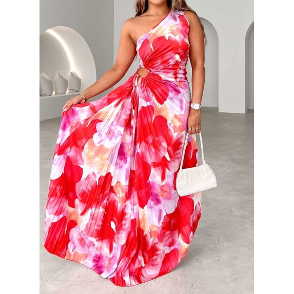 2026 New Women's Red Floral Print One Shoulder Cutout Waist Pleated ...