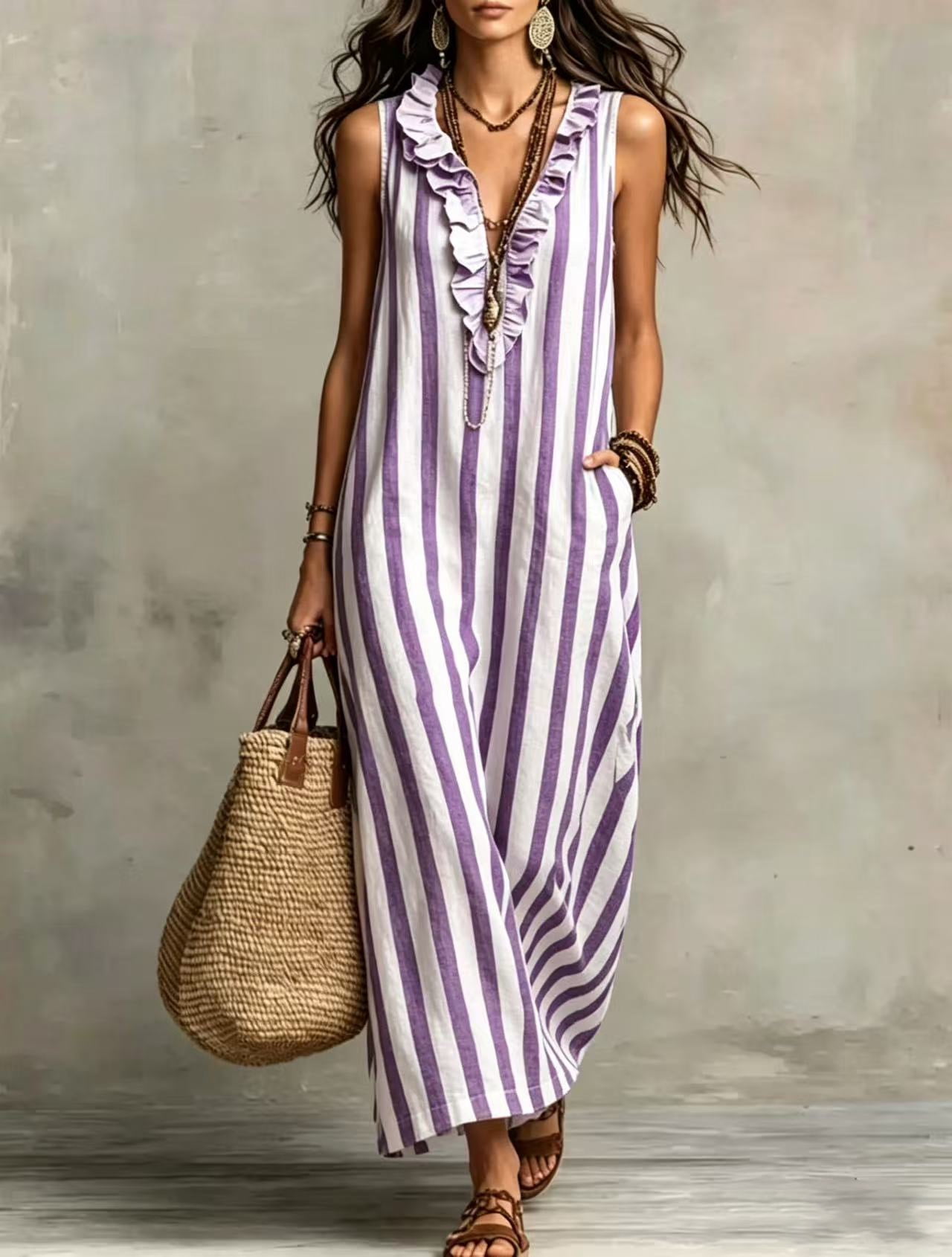 2026 New Women's Red White Striped Sleeveless Maxi Dress, Ruffled V ...