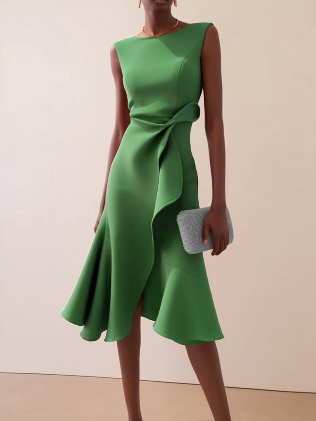 2026 New Women's Rust Red Boat Neck Sleeveless Twist Waist Mermaid Midi ...