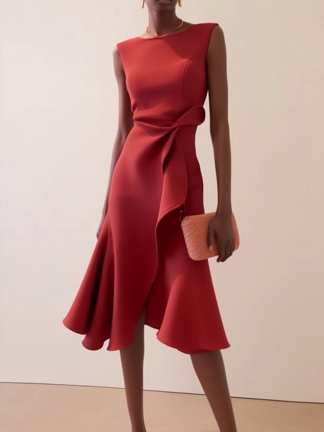 2026 New Women's Rust Red Boat Neck Sleeveless Twist Waist Mermaid Midi ...