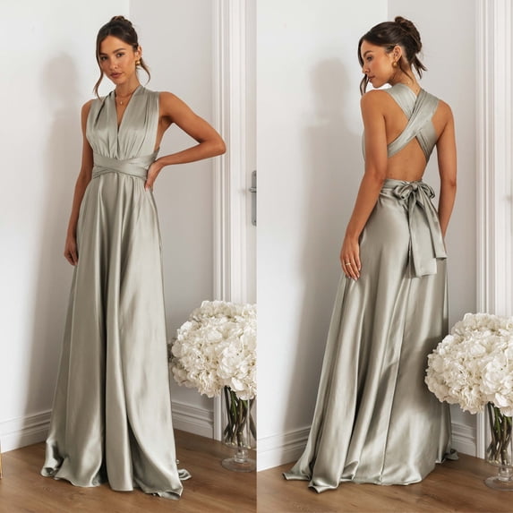 2026 New Women's Silver Grey Satin Halter V-Neck Open Back Bow Tie ...