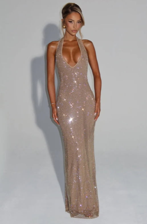 2026 New Women's Silver Rhinestone Mesh Halter Deep V Bodycon Mermaid ...