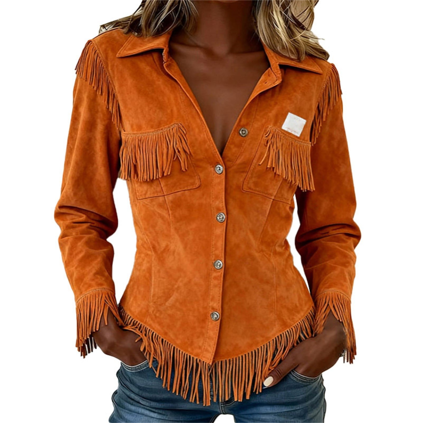 2026 New!Women's Suede Fringe Western Shirt, Long Sleeve Button Down ...