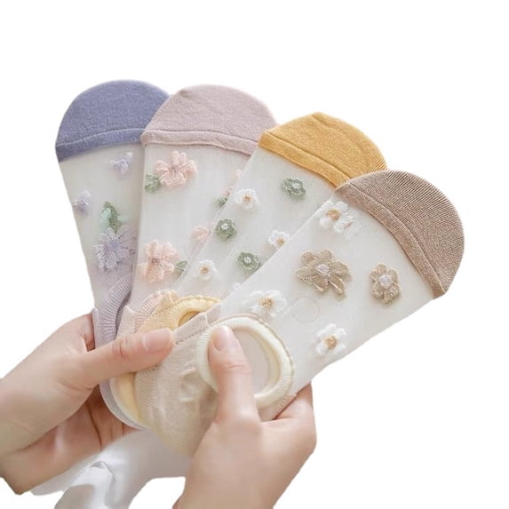 2026 New Women's Summer Thin Crystal Floral Glass Silk Socks with Anti ...