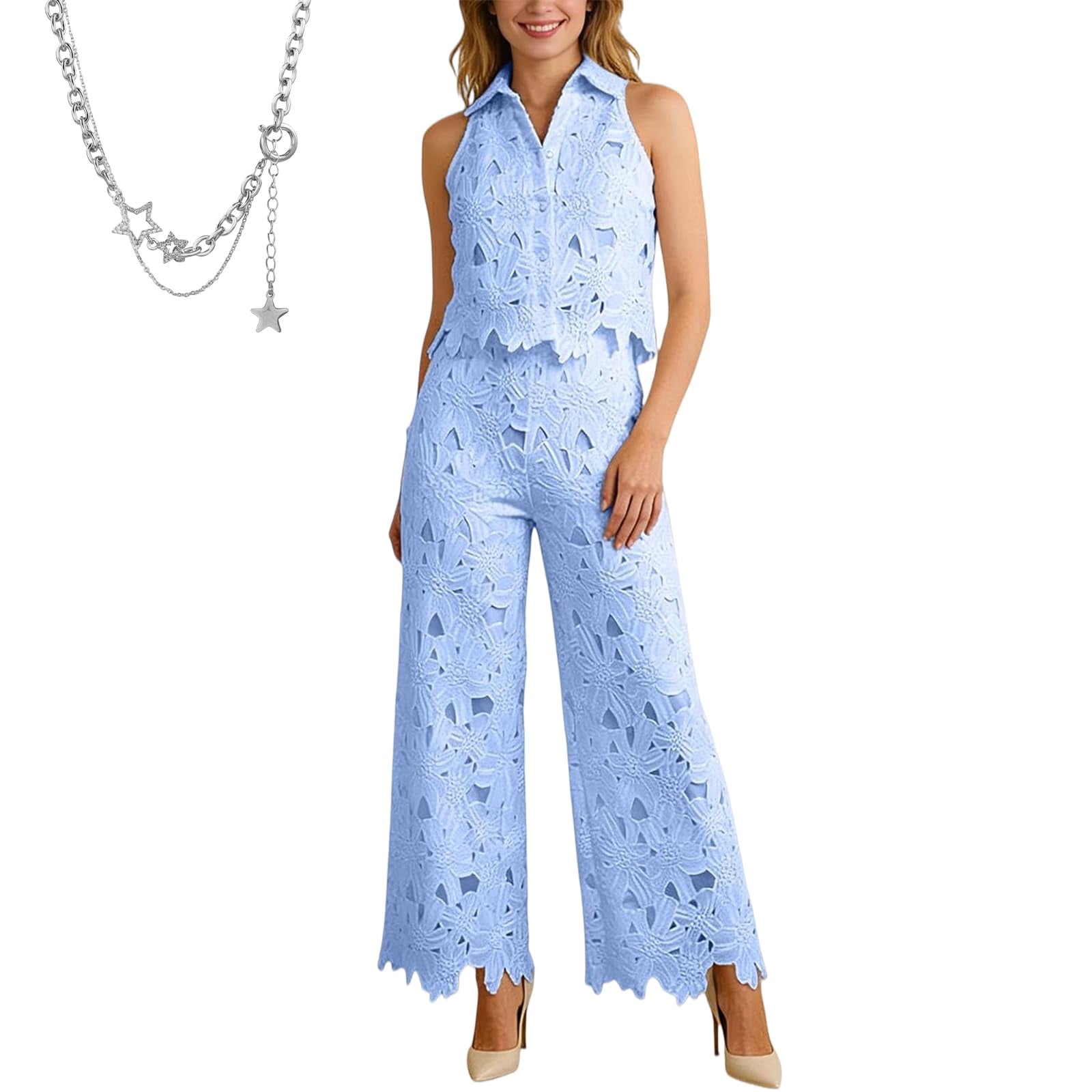 2026 New Women's Two-Piece Floral Lace Lapel Vest Top & Wide Leg Pants ...