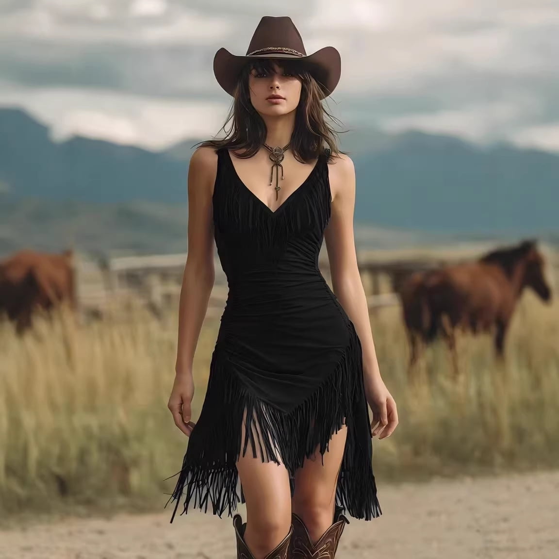 2026 New Women's Western Fringe Mini Dress, V-Neck Sleeveless Ruched ...