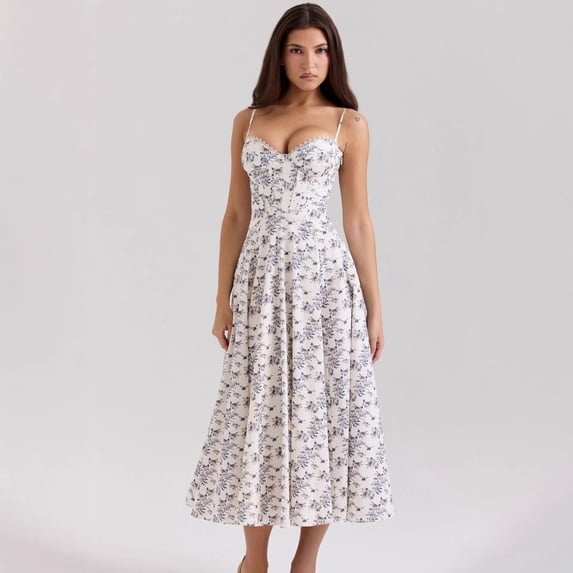 2026 New Women's White Blue Floral Print Corset Midi Dress Spaghetti ...