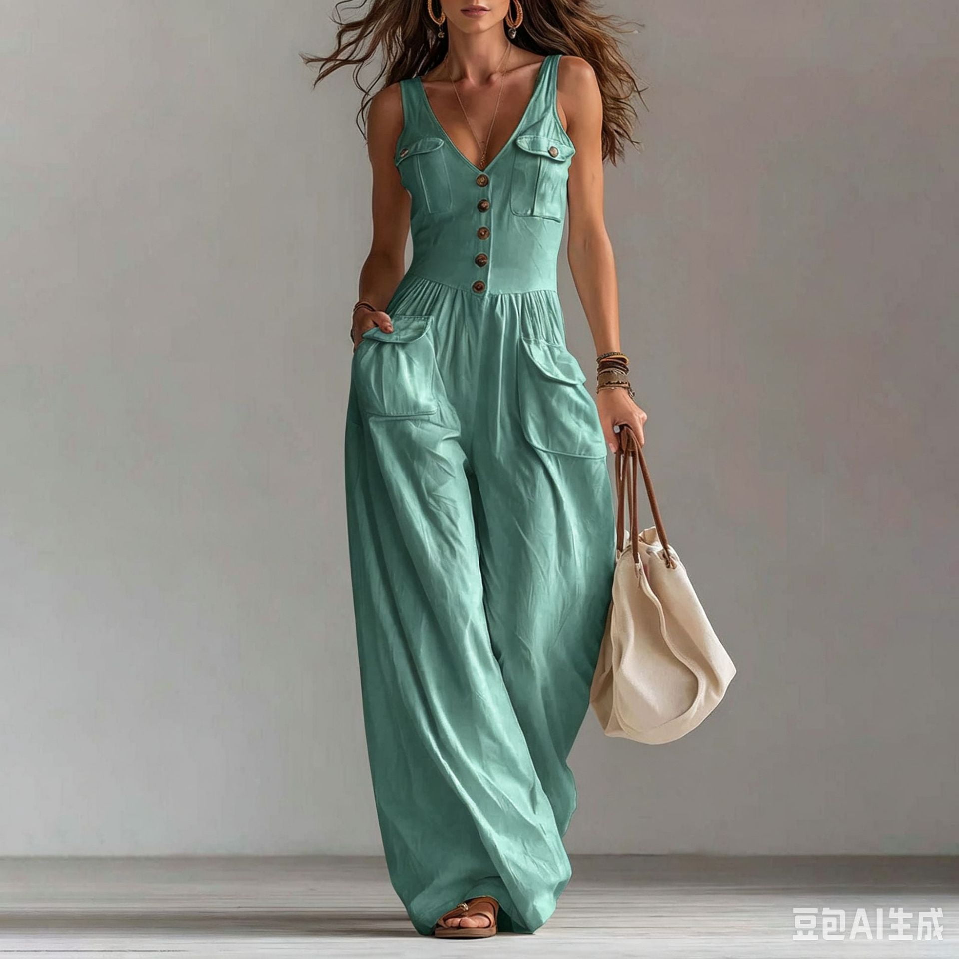 2026 New Women's White Sleeveless Button-Down Wide-Leg Utility Jumpsuit ...