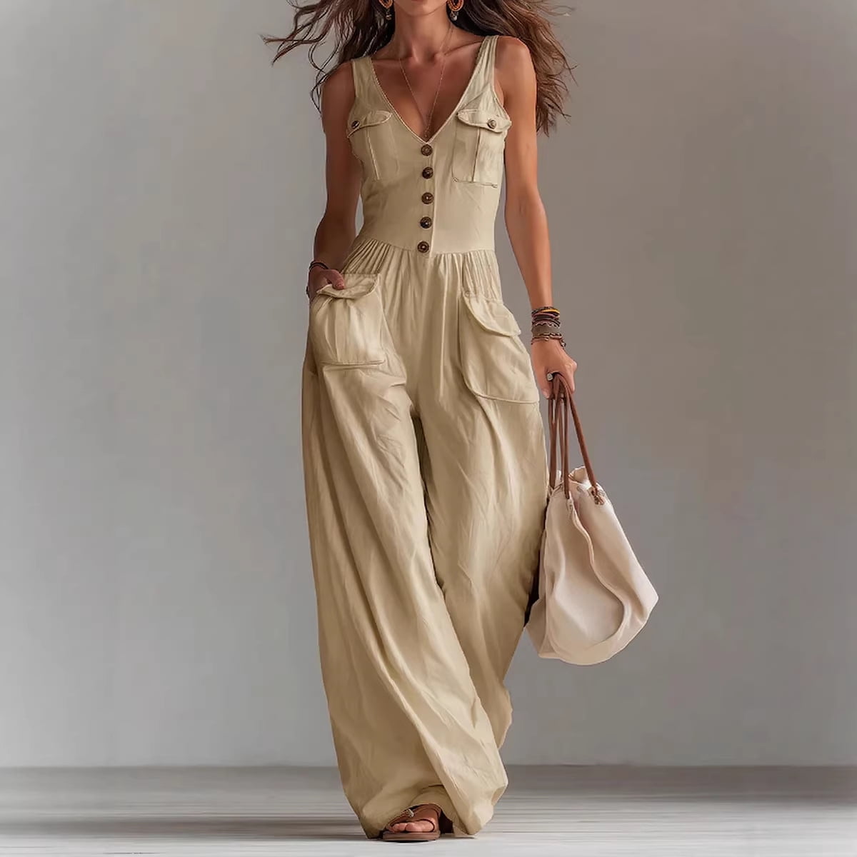 2026 New Women's White Sleeveless Button-Down Wide-Leg Utility Jumpsuit ...