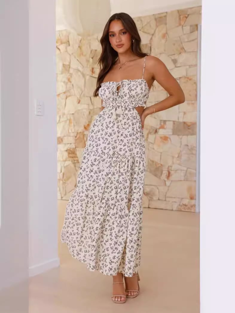 2026 New Women's White Spaghetti Strap Cutout Tiered Maxi Dress, Boho ...