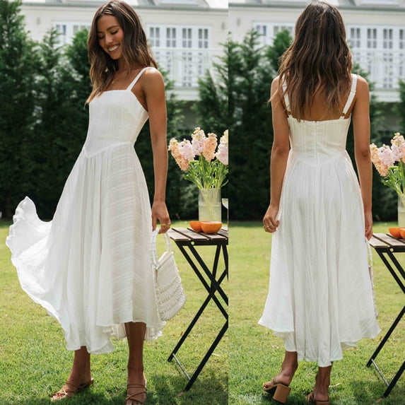 2026 New Women's White Spaghetti Strap Midi Dress, Square Neck Flowy A ...
