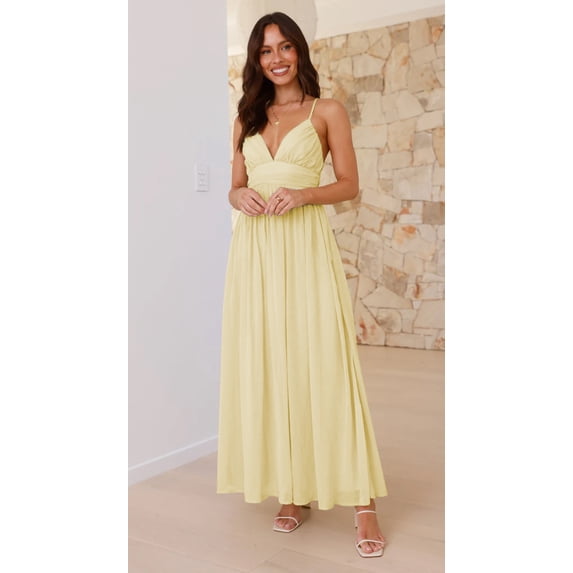 2026 New Women's Yellow Deep V-Neck Spaghetti Strap Flowy Chiffon Maxi ...