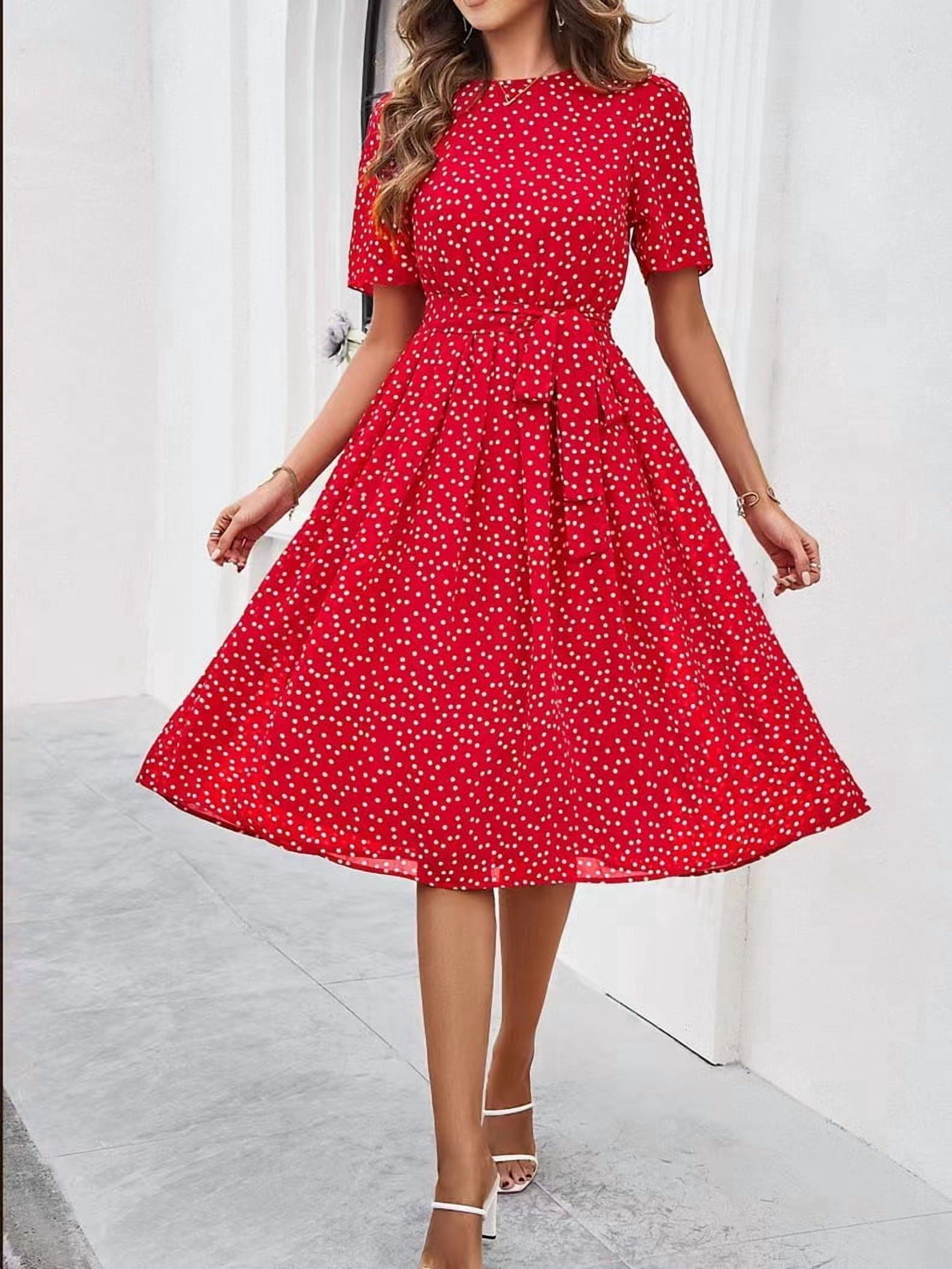 2026 New Women's Yellow Polka Dot Chiffon Midi Dress with Belted Waist ...