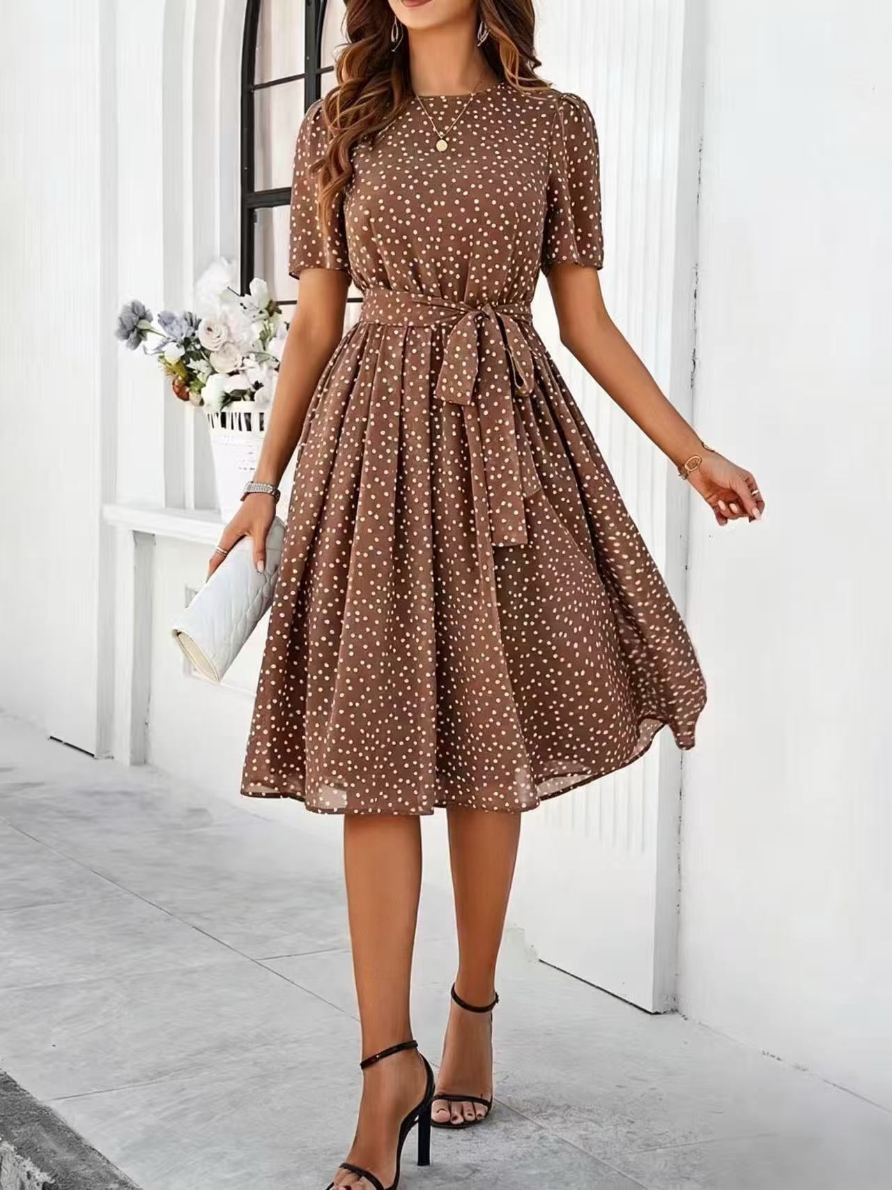 2026 New Women's Yellow Polka Dot Chiffon Midi Dress with Belted Waist ...