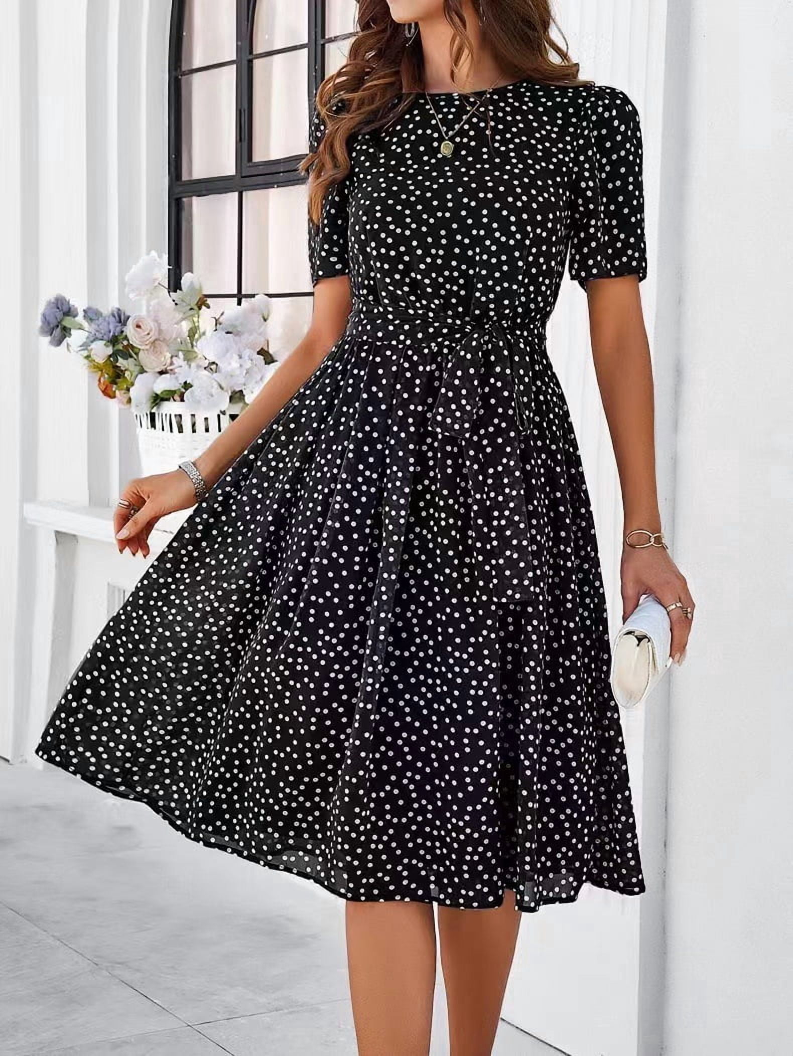 2026 New Women's Yellow Polka Dot Chiffon Midi Dress with Belted Waist ...