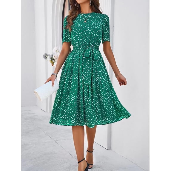 2026 New Women's Yellow Polka Dot Chiffon Midi Dress with Belted Waist ...