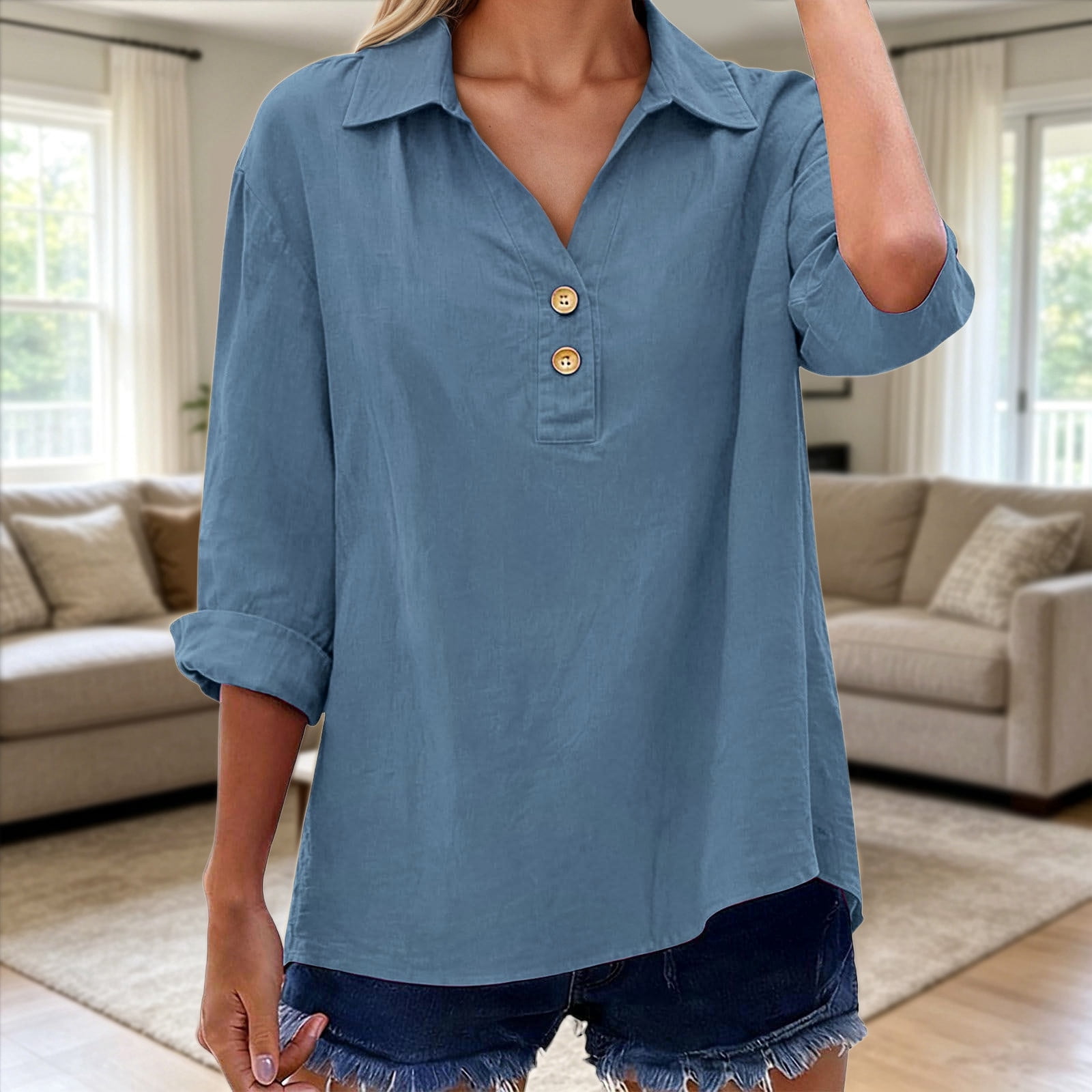 2026 New Womens Button Down Shirts Long Sleeve Linen Casual Collared ...