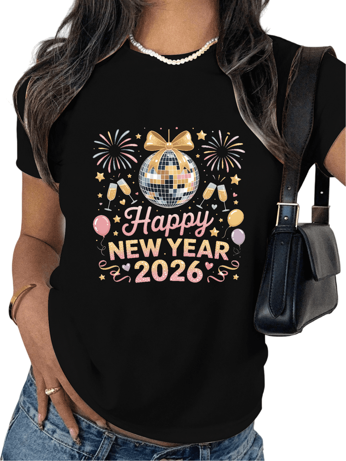 Women's 2026 New Year Disco Ball Fireworks Happy Theme Graphic Tee T ...