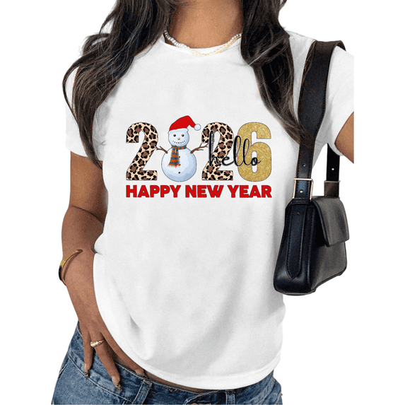 2026 New Year Festive T-Shirt - Leopard Print Numbers Hello Snowman ...