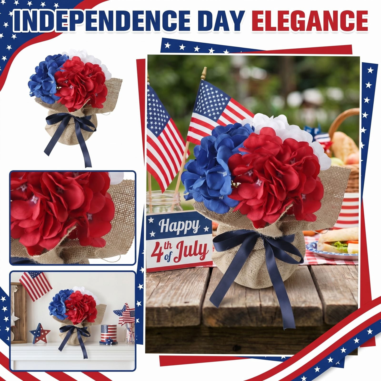 2026 Patriotic Faux Hydrangea Bouquet, Red White Blue Artificial Ball ...