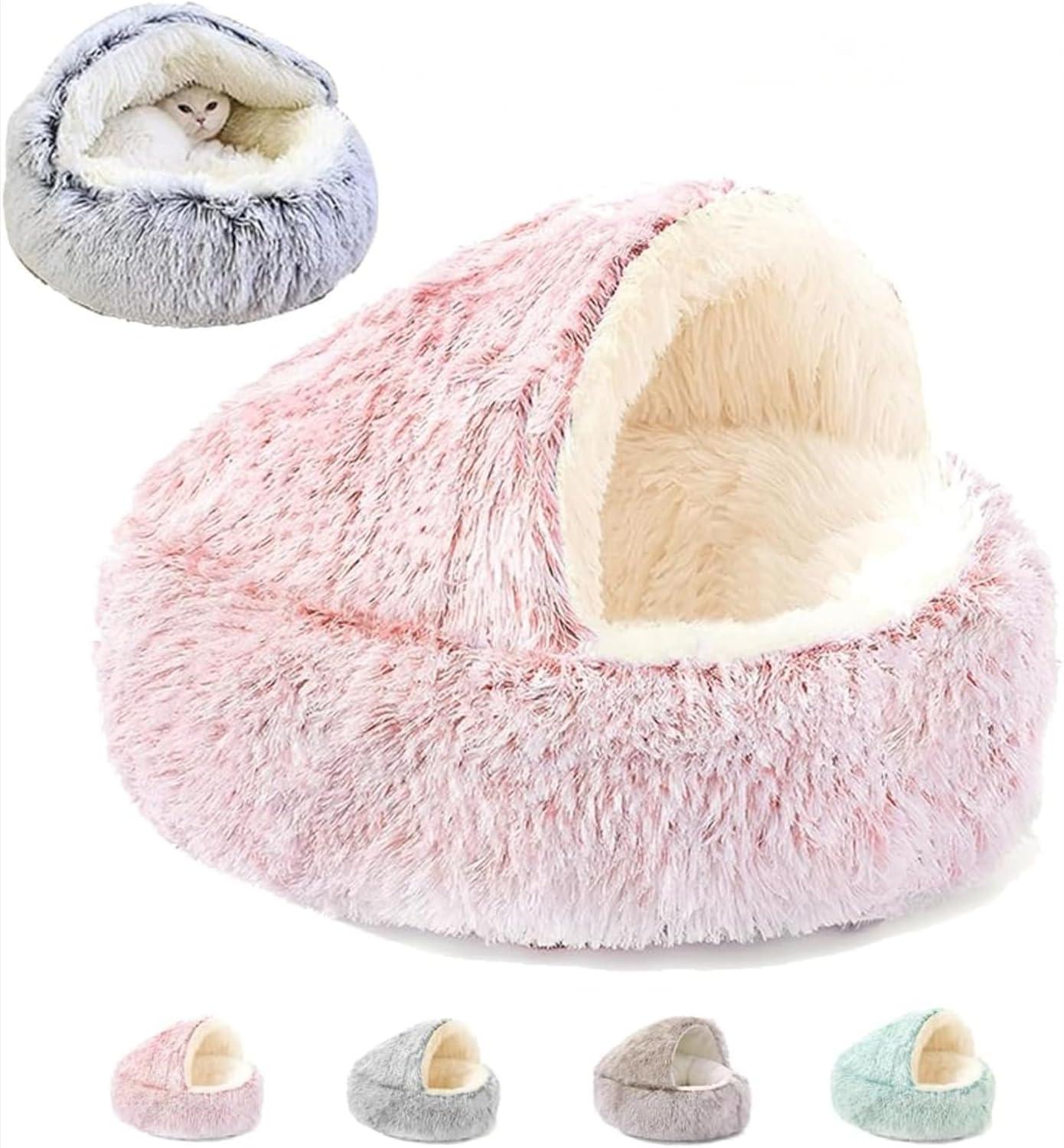 2026 Plush Hooded Cat Bed, Cozy Fluffy Indoor Cat Cave Nest, Warm Round ...