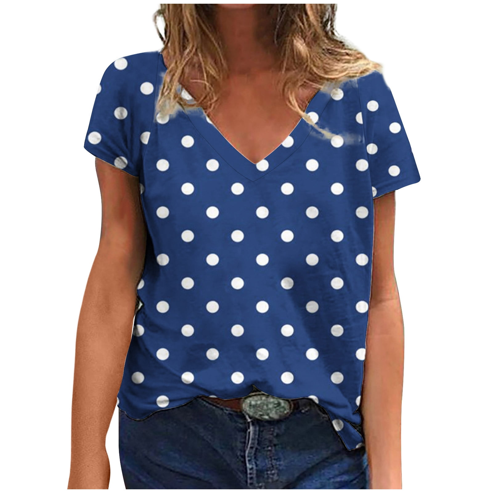 2026 Polkadots Women's Short Sleeve Shirts Fashion Casual Color Block V ...