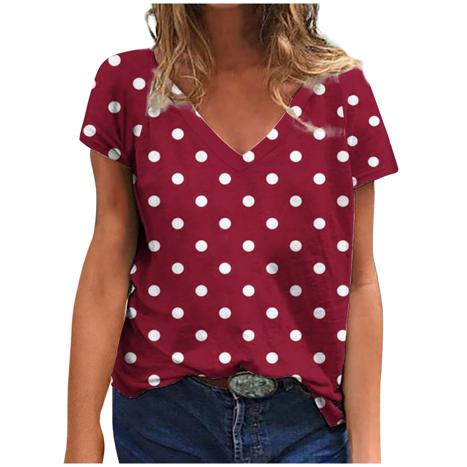 2026 Polkadots Women's Short Sleeve Shirts Fashion Casual Color Block V ...
