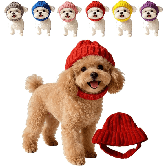 2026 Red Knit Dog Beanie with Ear Flaps - Double-Layer Warm Winter Pet ...