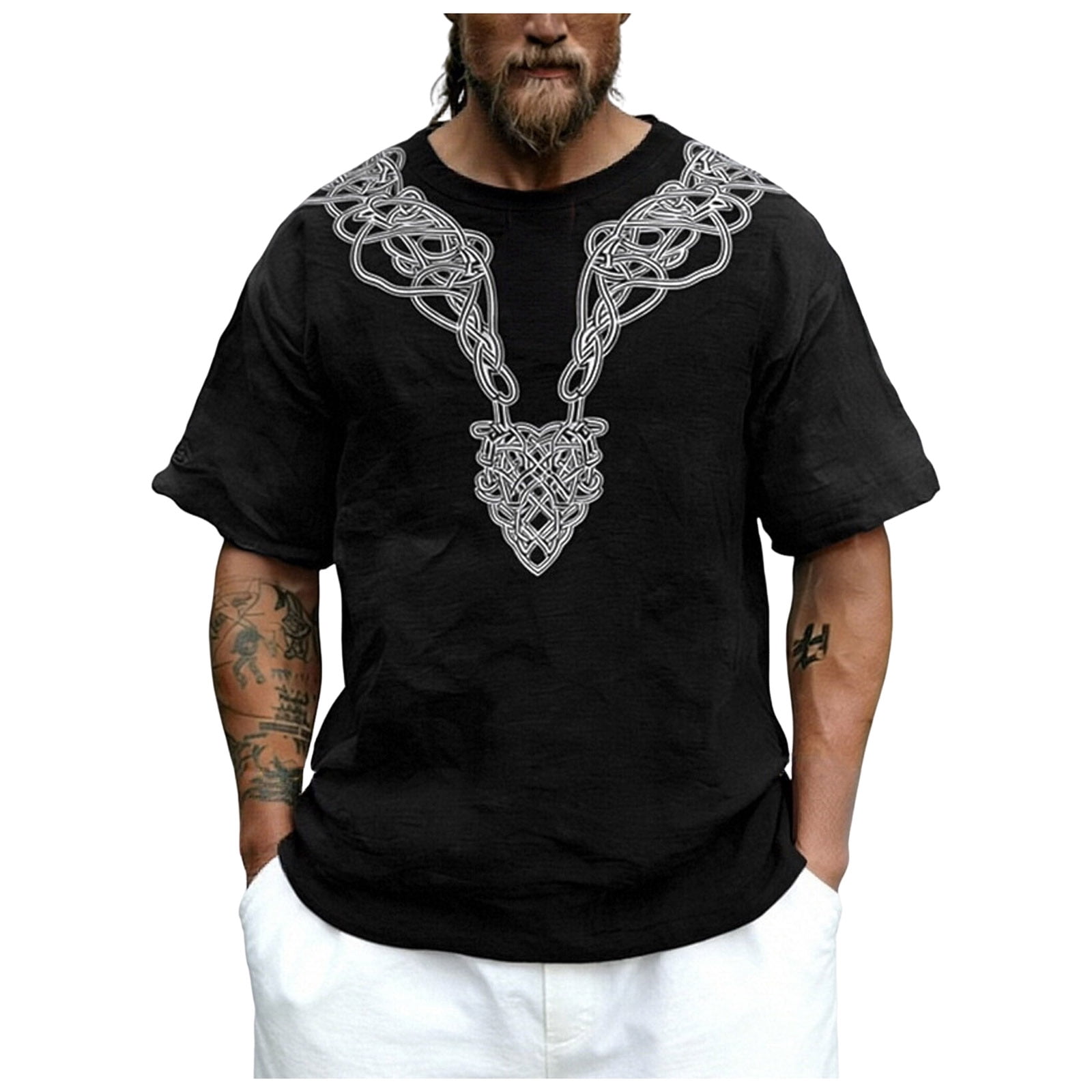 2026 Retro Knot V Shaped Printed T Shirt Summer Casual Short Sleeve ...