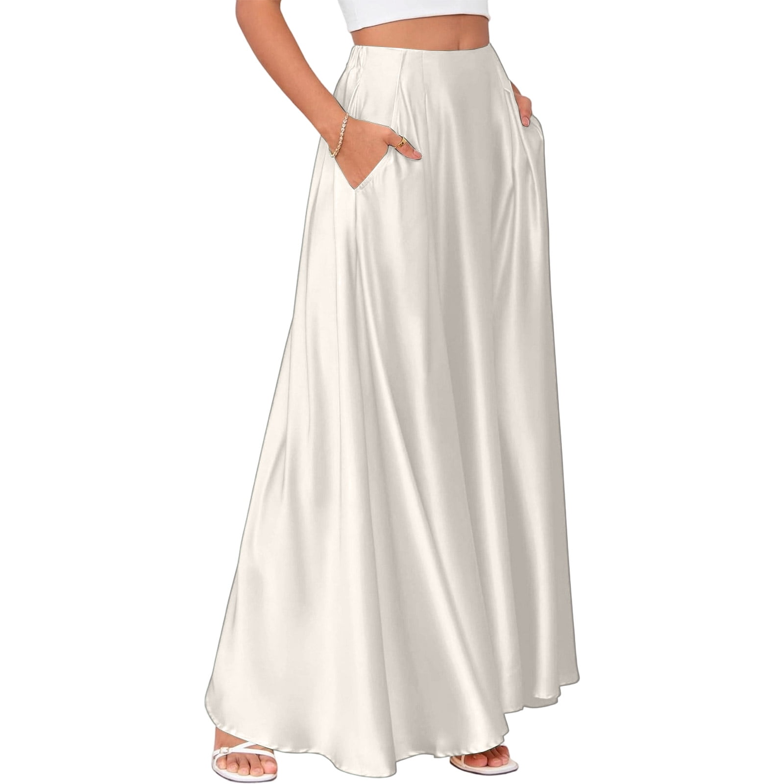 2026 Satin Elastic Waisted Maxi Skirt with Pocket A-Line Spring Summer ...