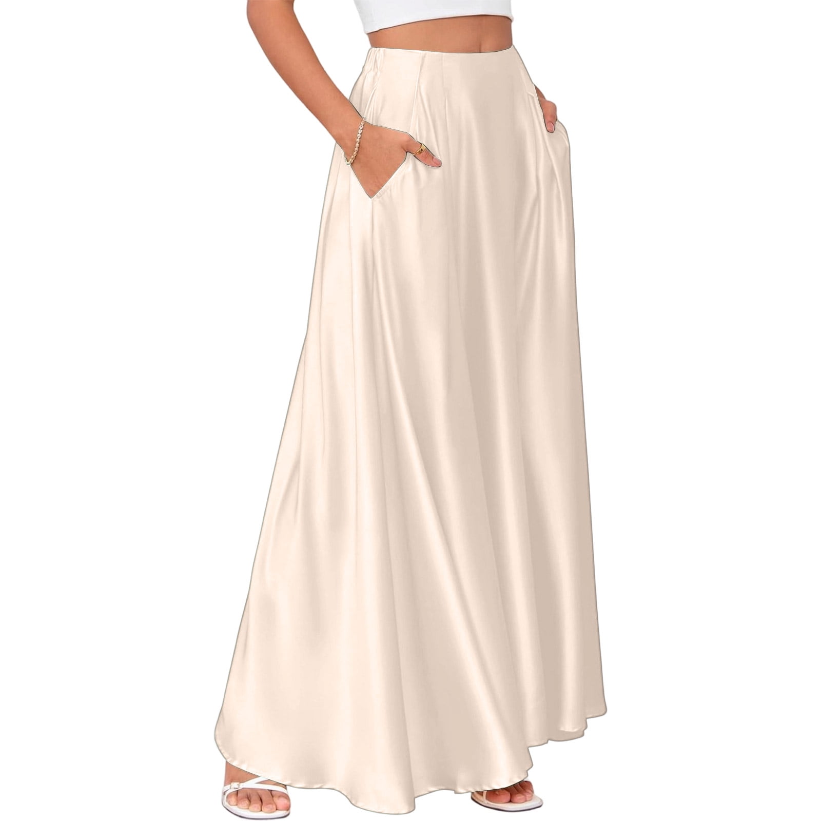 2026 Satin Elastic Waisted Maxi Skirt with Pocket A-Line Spring Summer ...
