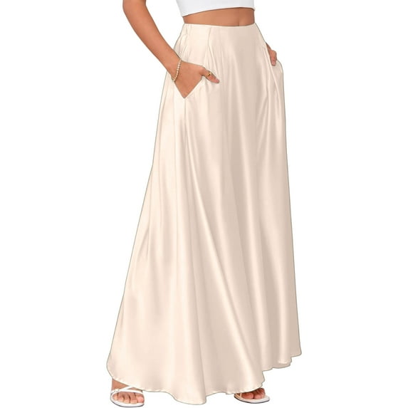 2026 Satin Elastic Waisted Maxi Skirt with Pocket A-Line Spring Summer ...
