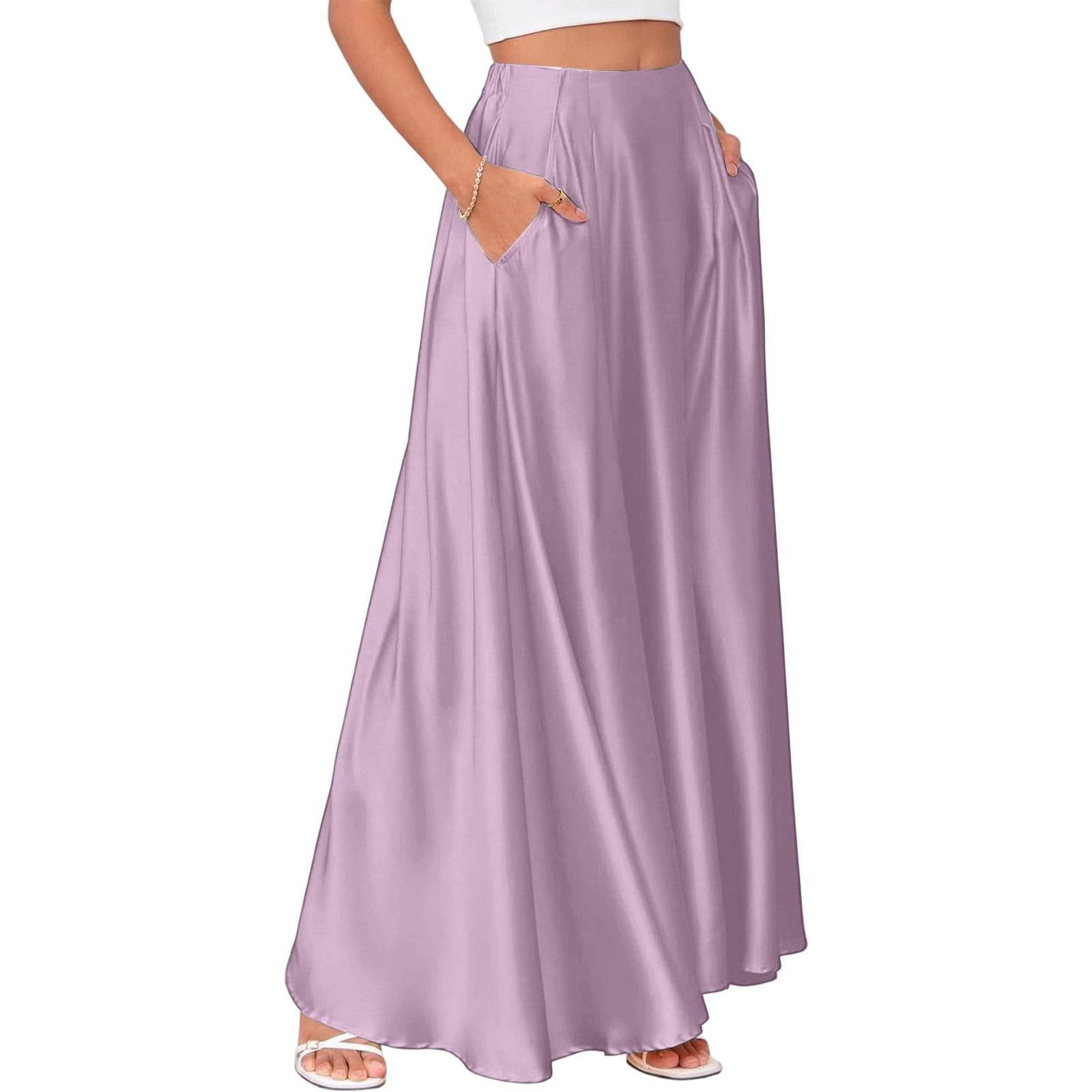 2026 Satin Elastic Waisted Maxi Skirt with Pocket A-Line Spring Summer ...