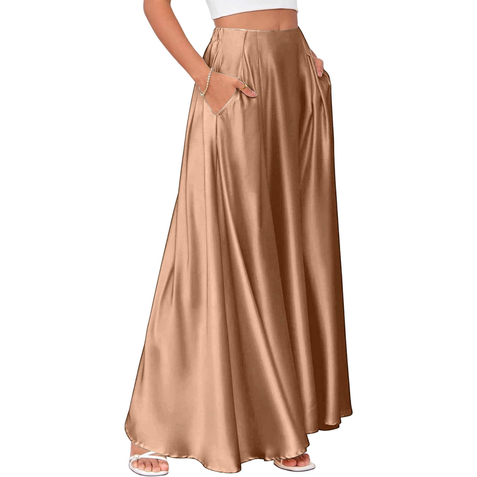 2026 Satin Elastic Waisted Maxi Skirt with Pocket A-Line Spring Summer ...