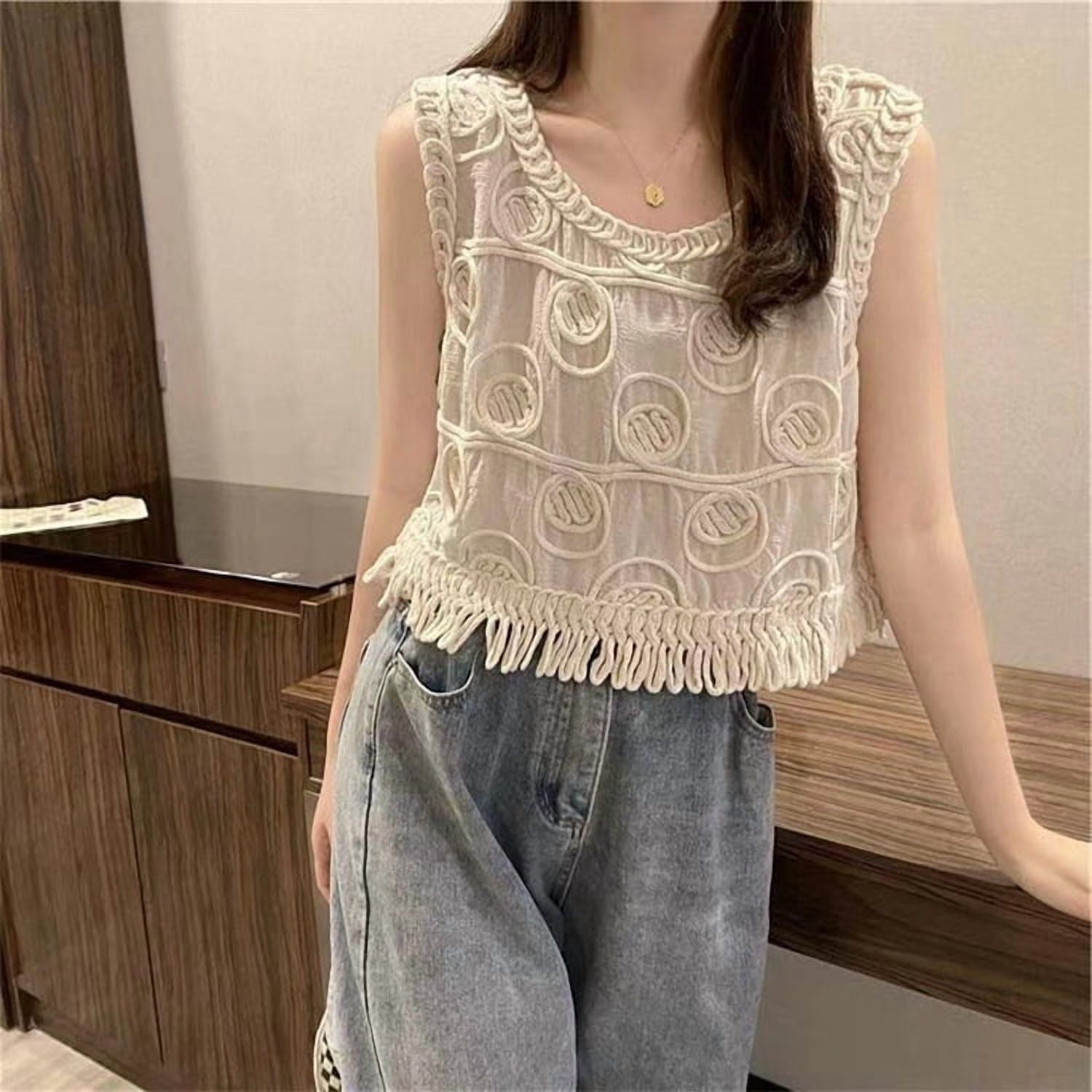 2026 Sheer Crochet Tank Top Bikini Cover Up Openwork Sleeveless Fringed ...