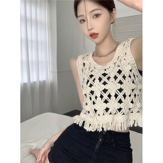 2026 Sheer Crochet Tank Top Bikini Cover Up Openwork Sleeveless Fringed ...