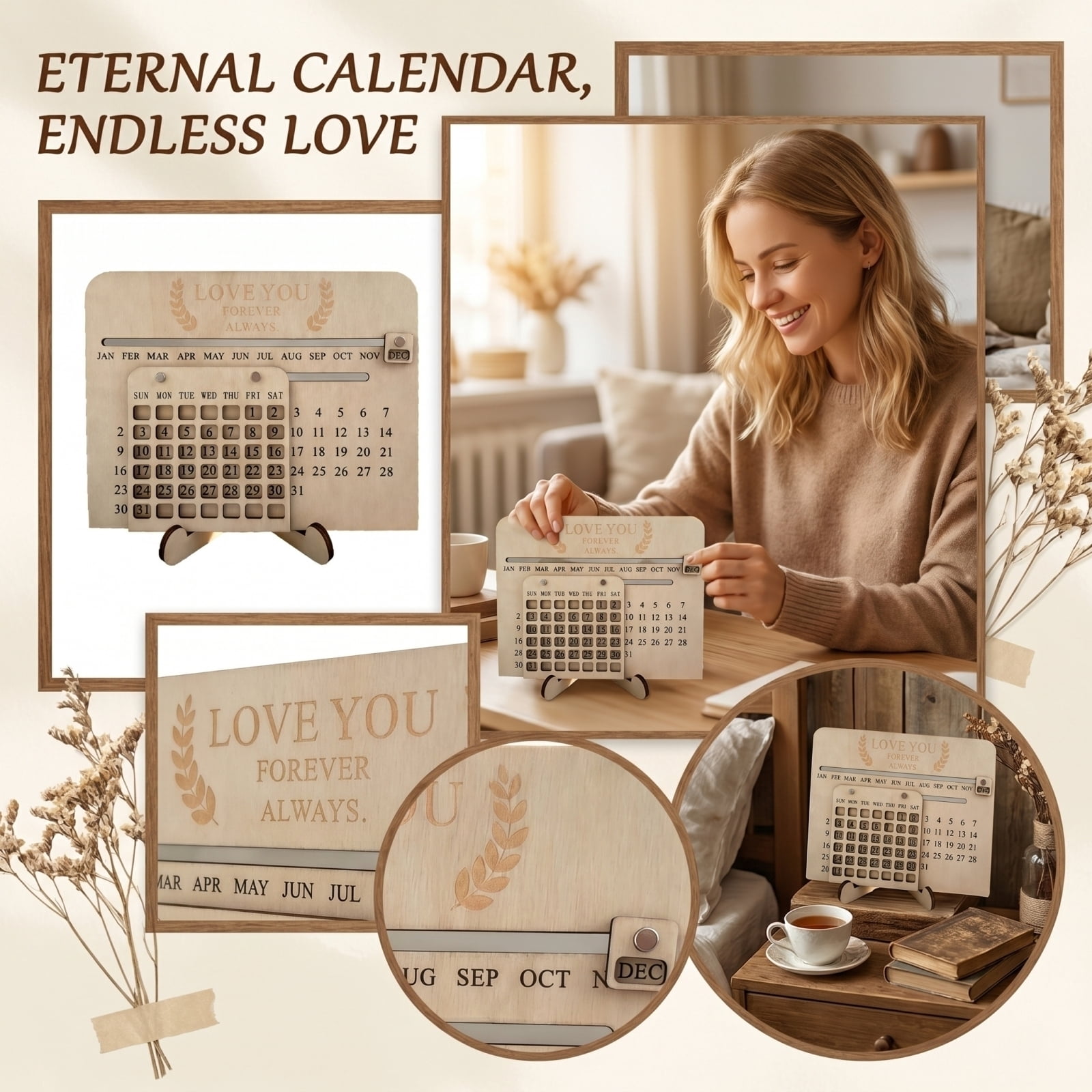 2026 Sliding Wooden Calendar With Stand | Decorative 2026 Desk Calendar ...