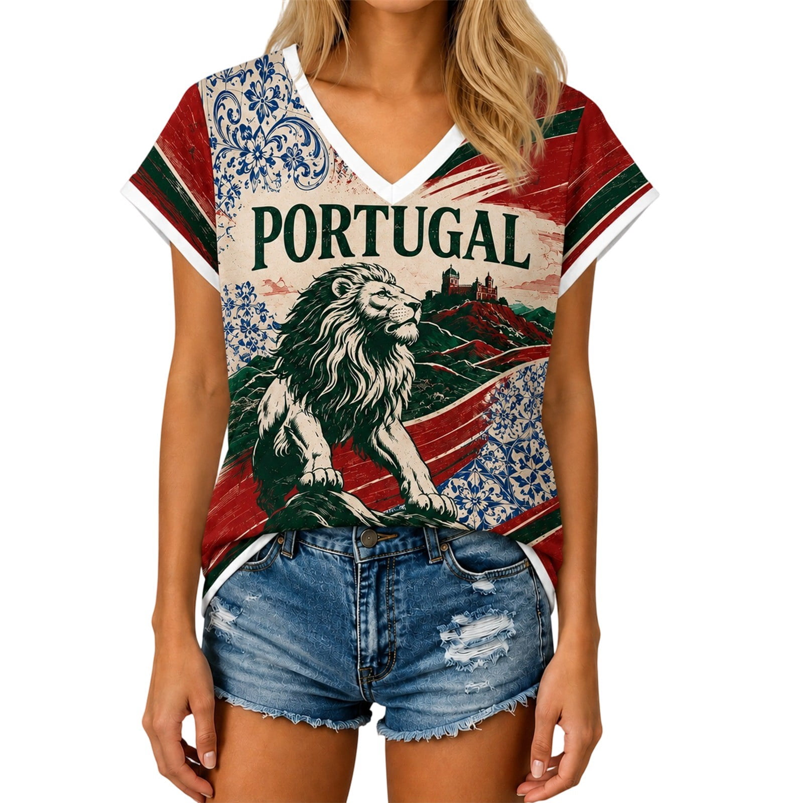 2026 Soccer Game Women's Portugal Themed V Neck Short Sleeve T-Shirt ...