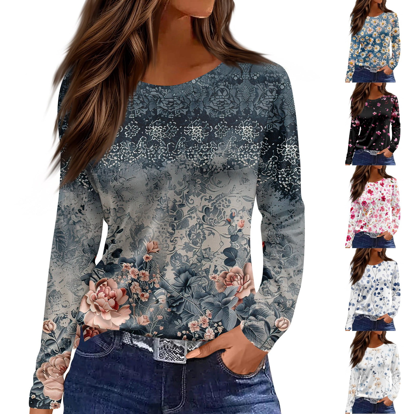 2026 Spring Fall Women Long Sleeve Crewneck Tunic Shirts Soft Loose Fit ...