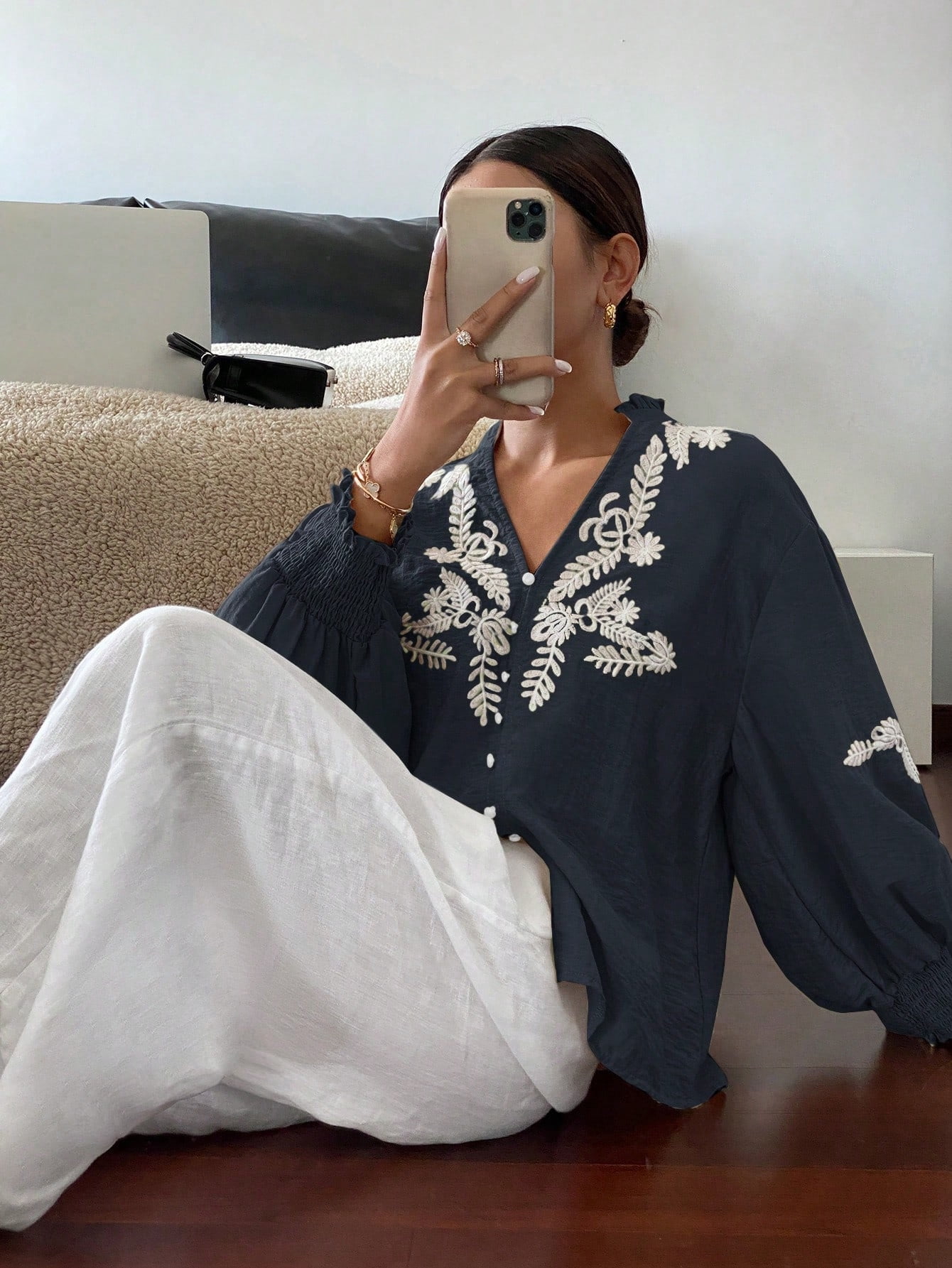 2026 Spring/Summer New Women's Black Floral Embroidered V-Neck Blouse ...