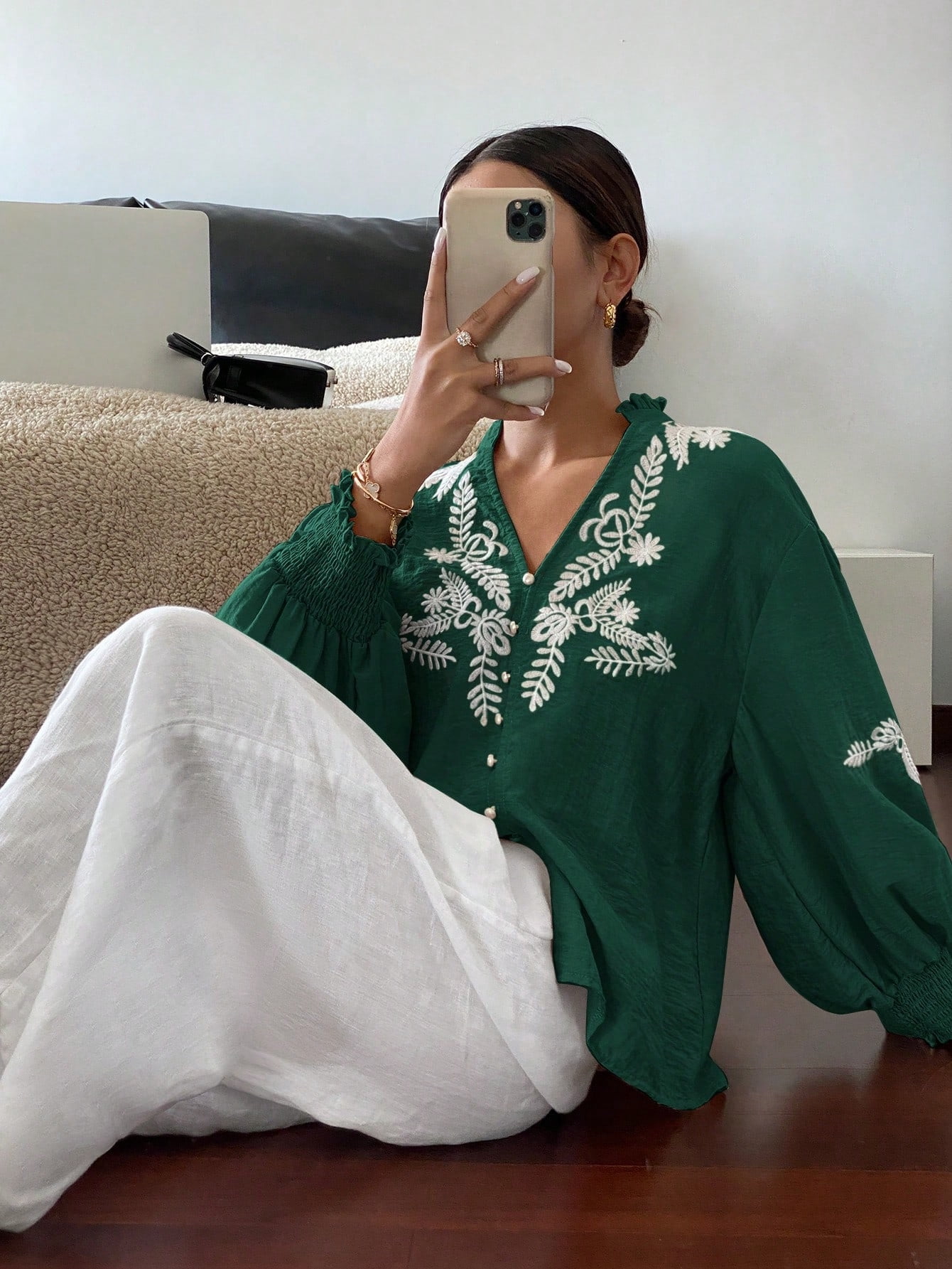 2026 Spring/Summer New Women's Black Floral Embroidered V-Neck Blouse ...