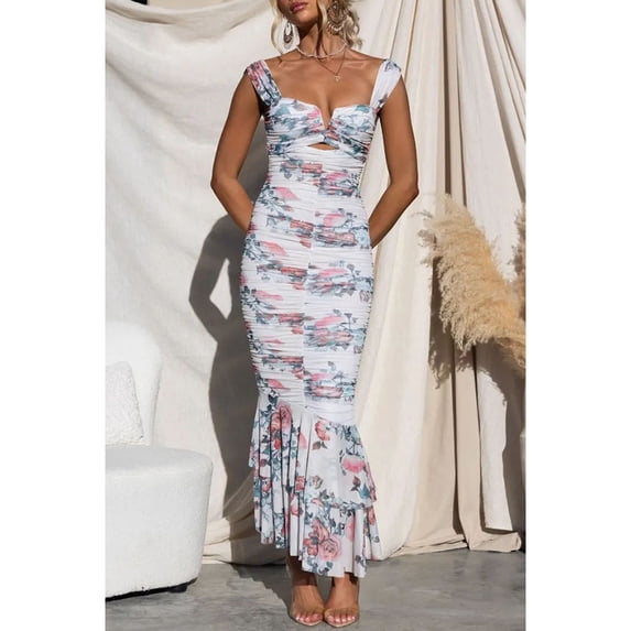 2026 Spring/Summer New Women's Black Floral Print Ruched Mesh Midi ...