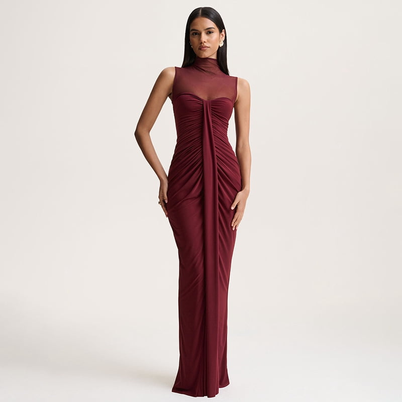 2026 Spring/Summer New Women's Burgundy High Neck Mesh Ruched Maxi ...