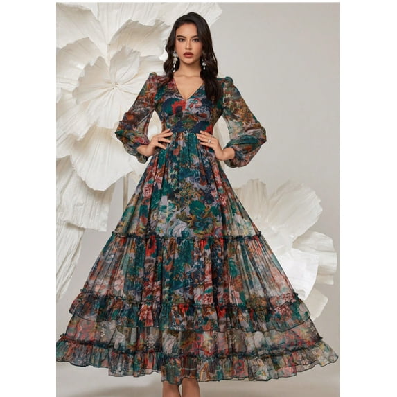 2026 Spring/Summer New Women's Vintage Oil Painting Floral V-Neck Long ...