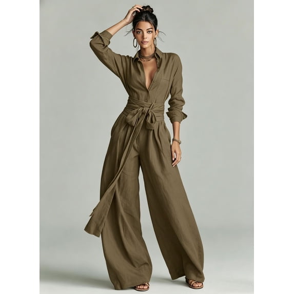 2026 Spring/Summer New Women's White Linen Blend Shirt Jumpsuit, Long ...