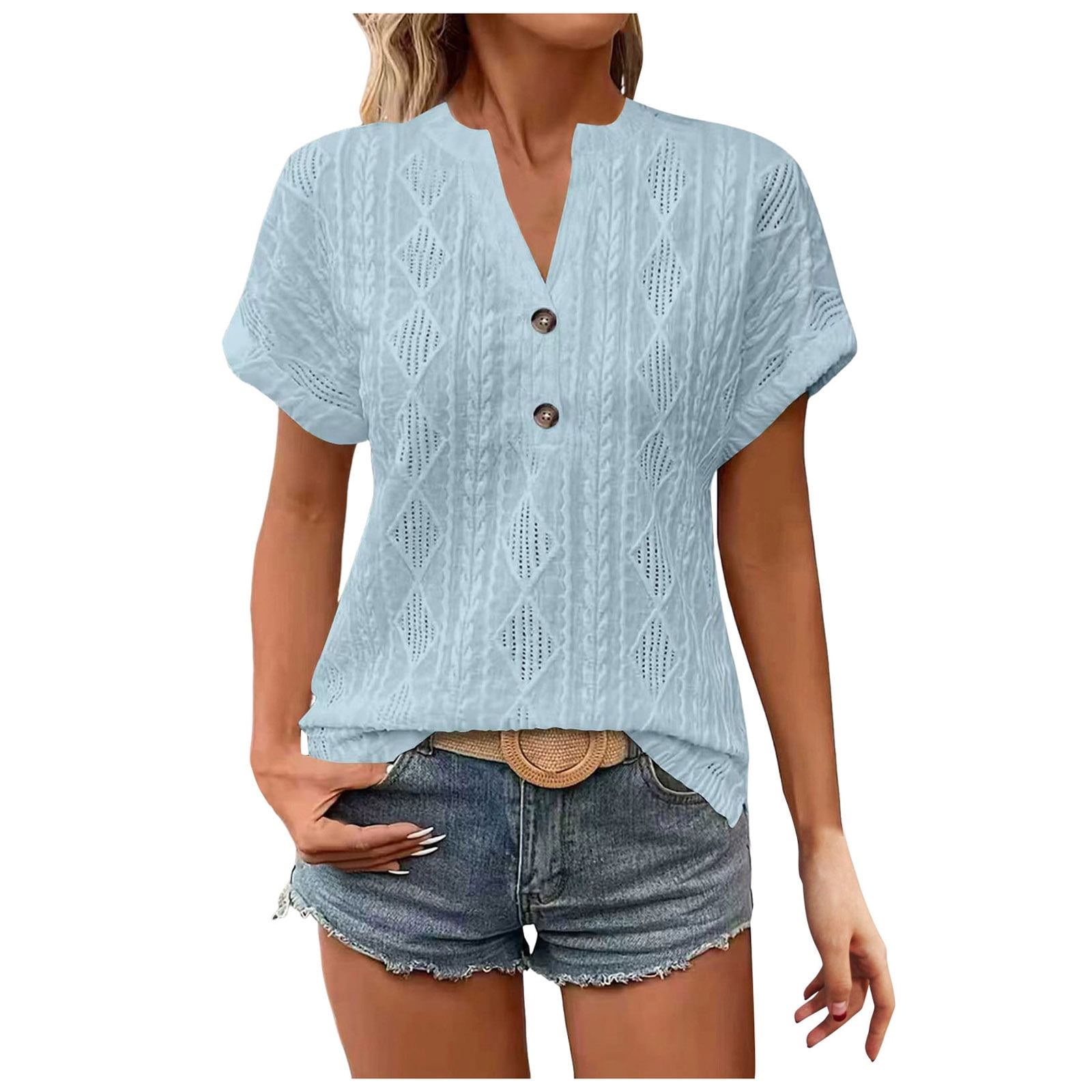 2026 Spring/Summer Women's Fashion Casual Solid Color Button V Neck T ...